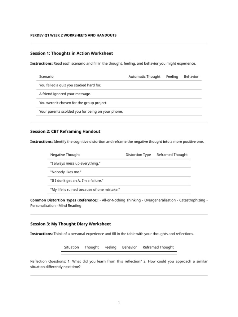 Perdev Week2 Worksheets | PDF | Thought | Cognitive Behavioral Therapy