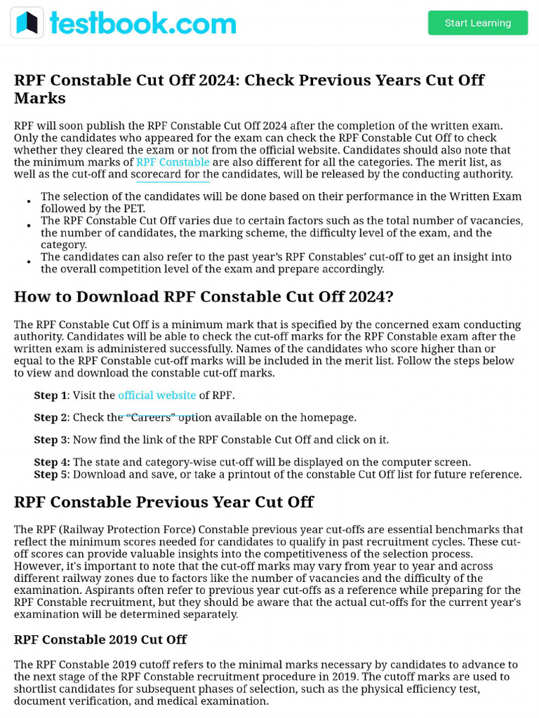 RPF Constable Cut Off 2024 - Check Previous Years Cut Off Marks | PDF