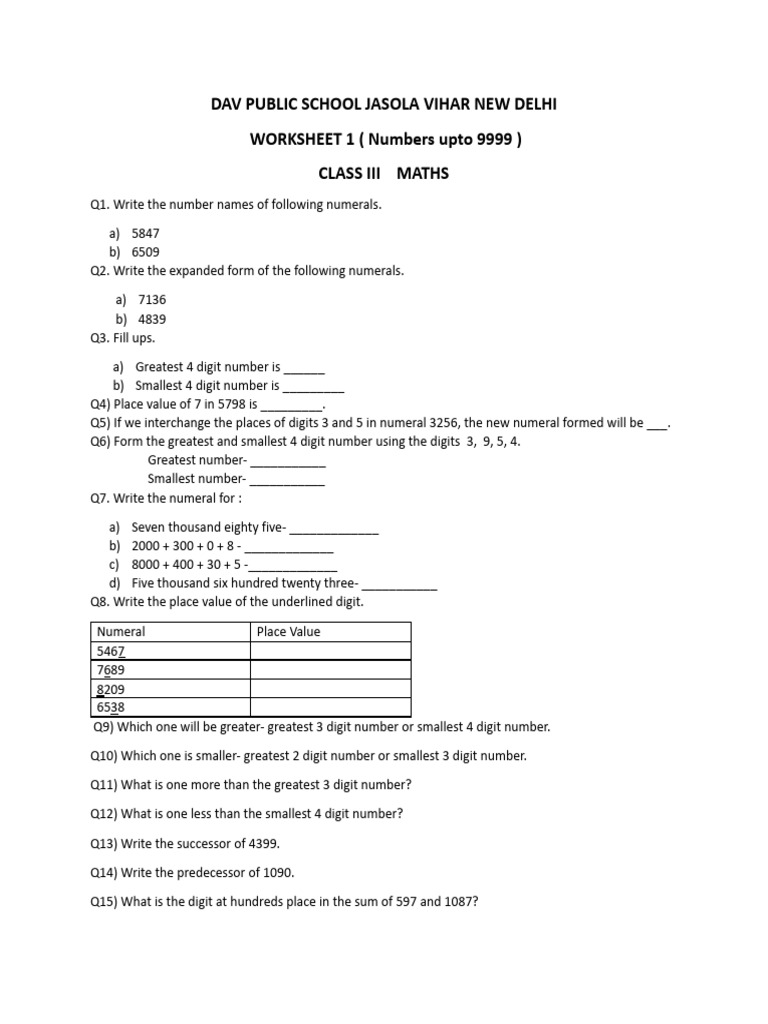 Dav Public School Jasola Vihar New Delhi WORKSHEET 1 (Numbers Upto 9999 ...