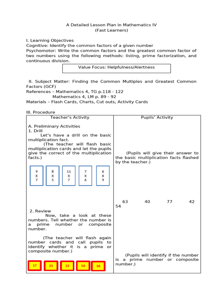 A Detailed Lesson Plan in Mathematics GCF FAST | PDF | Lesson Plan ...