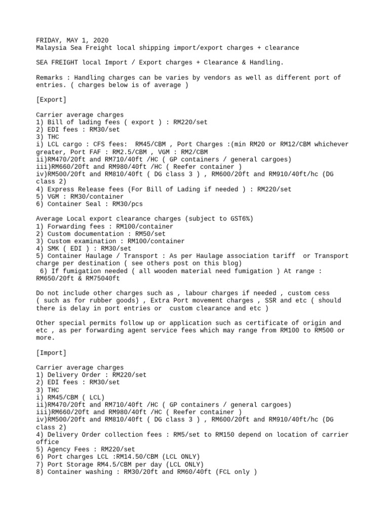 Malaysia Sea Freight Charges Overview | PDF | Cargo | Logistics