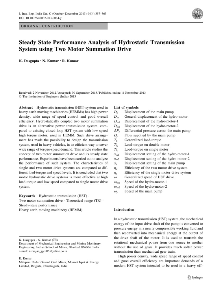 Steady State Performance Analysis of Hydrostatic Transmission Using To ...