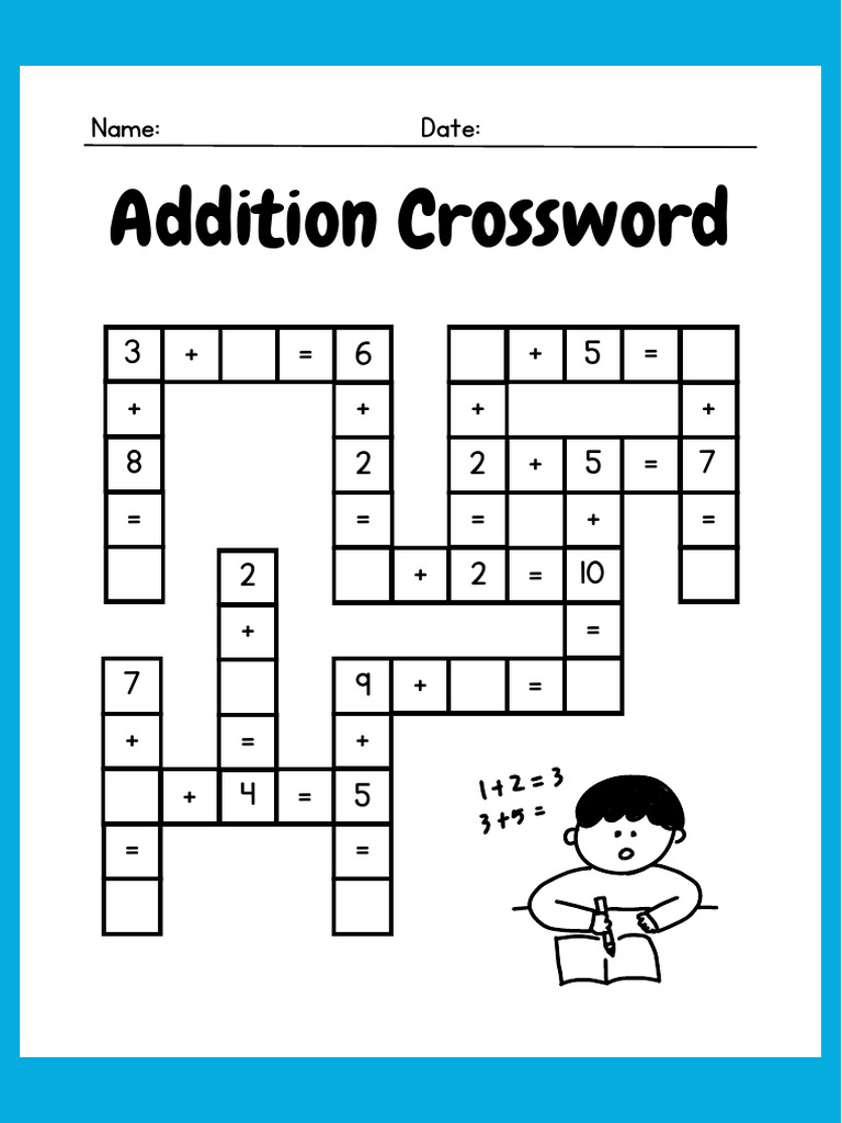 Addition Crossword Puzzle Worksheet in Blue Illustrative Style | PDF