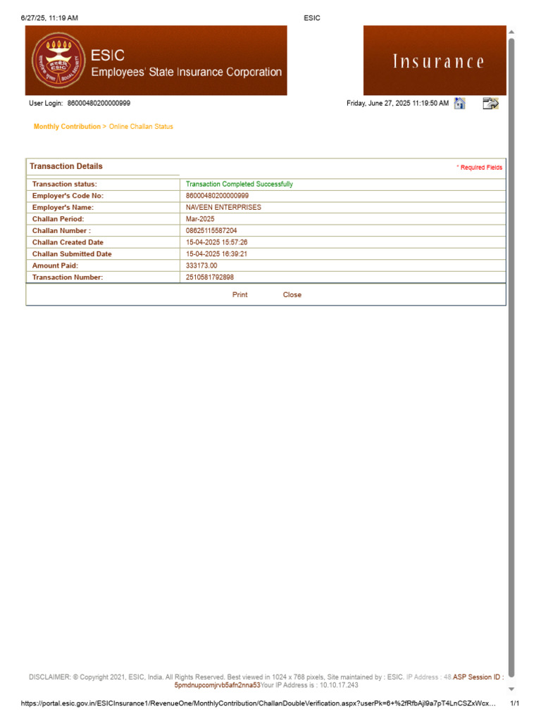 ESIC Online Challan Transaction Details | PDF
