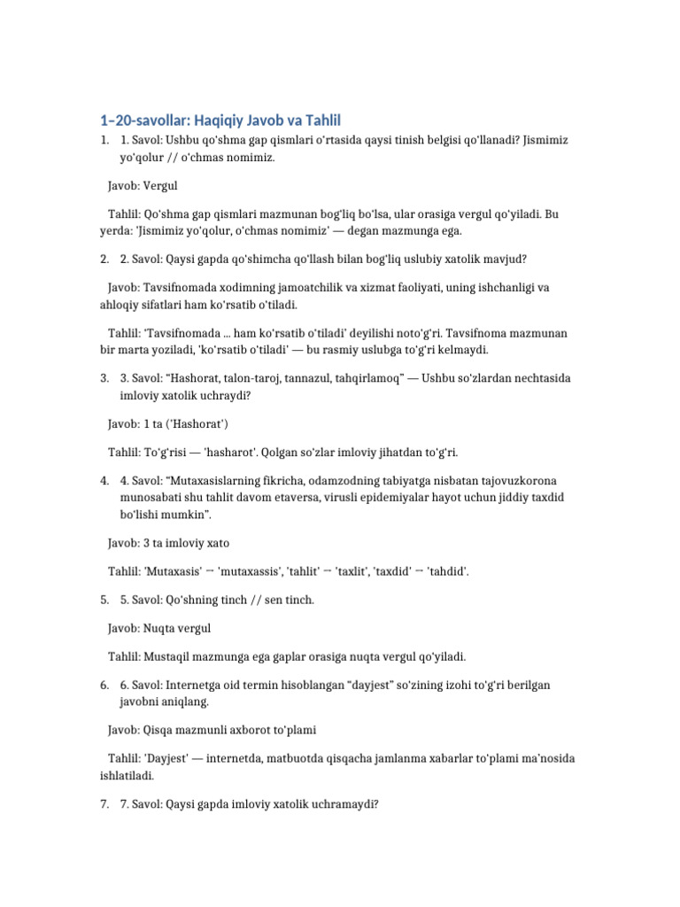 1 20 Savol Haqiqiy Javob Tahlil | PDF