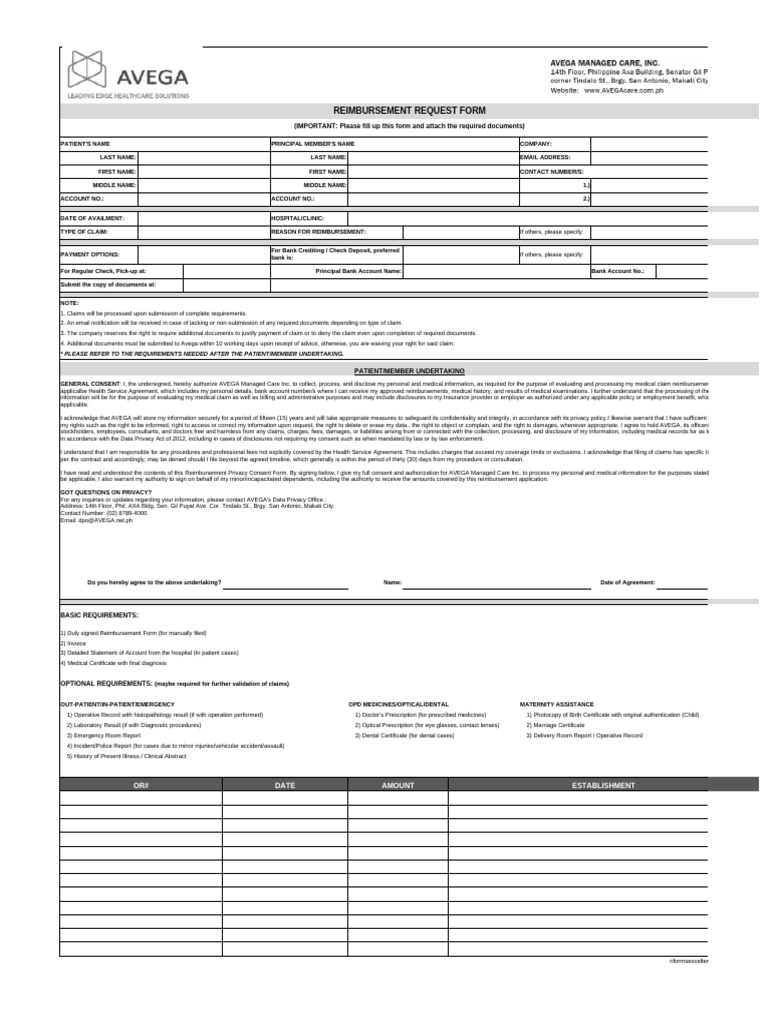 Avega Reimbursement Form 2025 - Updated | PDF | Privacy | Consent
