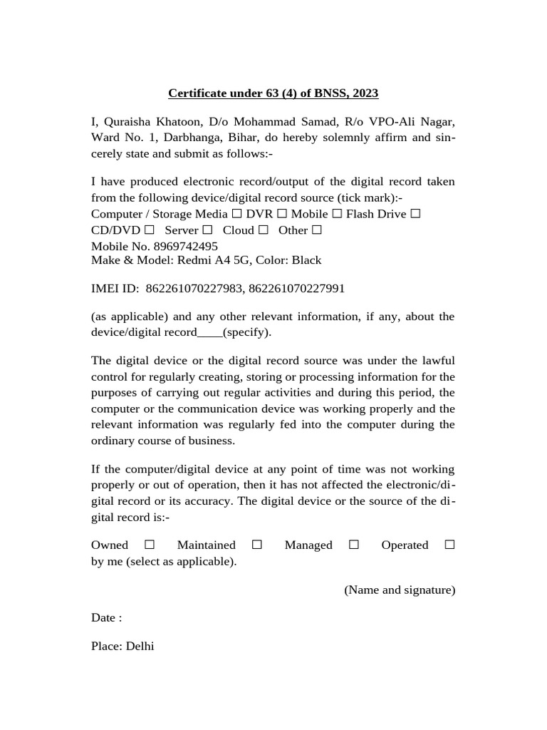 BNSS 2023 Section 63 Certificate Format | PDF | Electronics | Computer ...