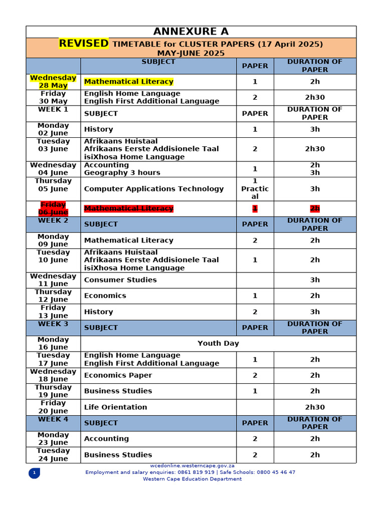 Revised Timetable For The 2025 June Cluster Papers | PDF