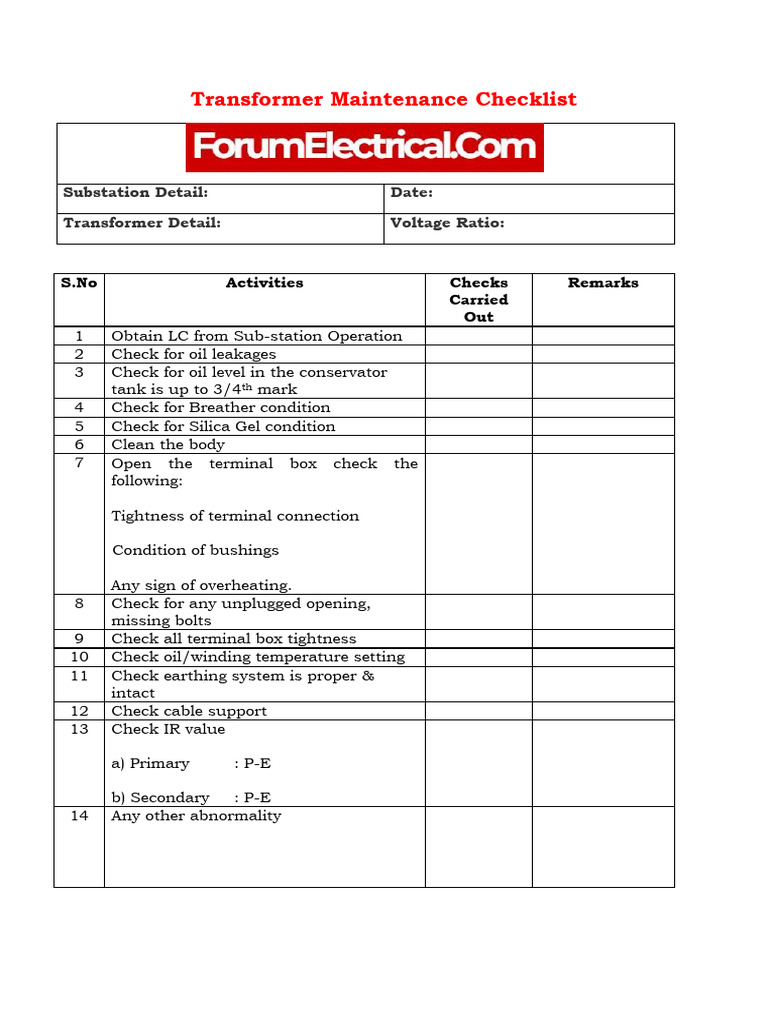Transformer Maintenance Checklist | PDF