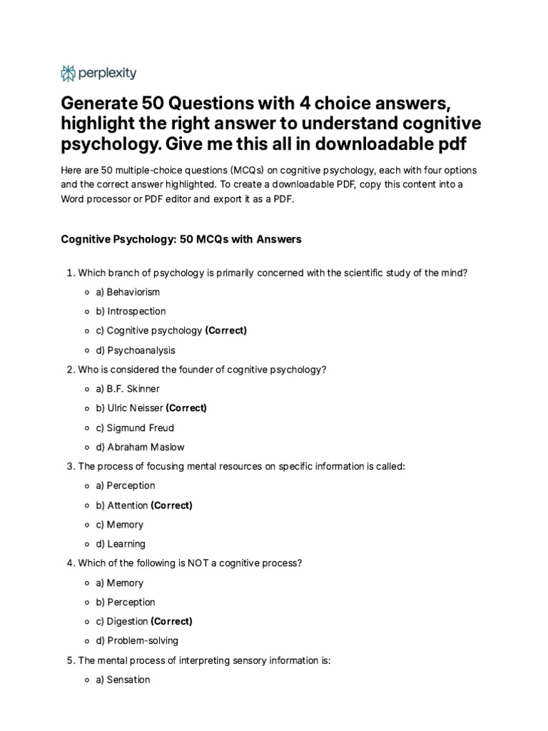 Generate 50 Questions With 4 Choice Answers, Highl | PDF | Memory ...