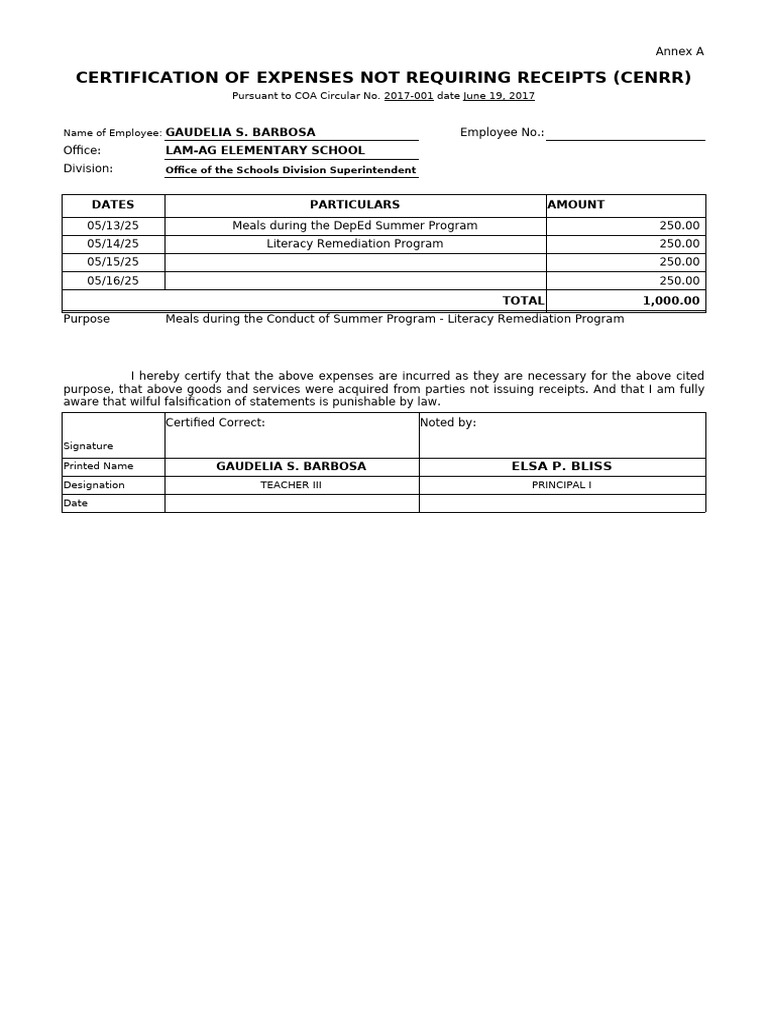 CENRR Form for Summer Program Expenses | PDF