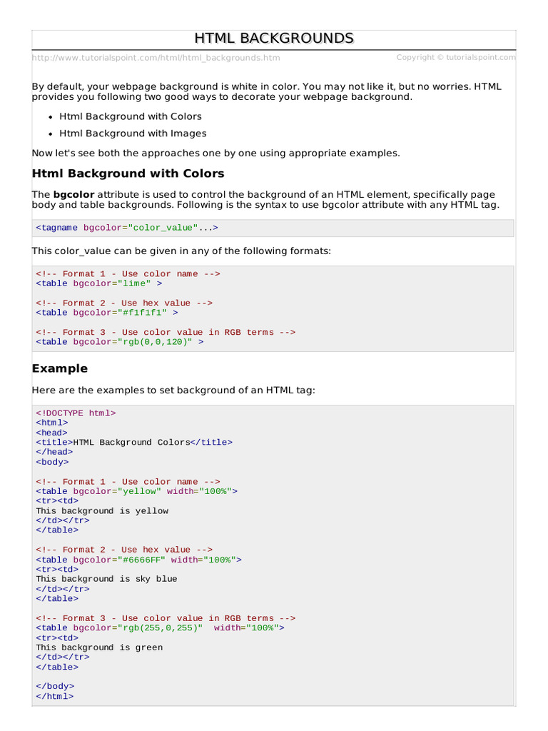 HTML Backgrounds: Colors & Images | PDF | Html | Html Element