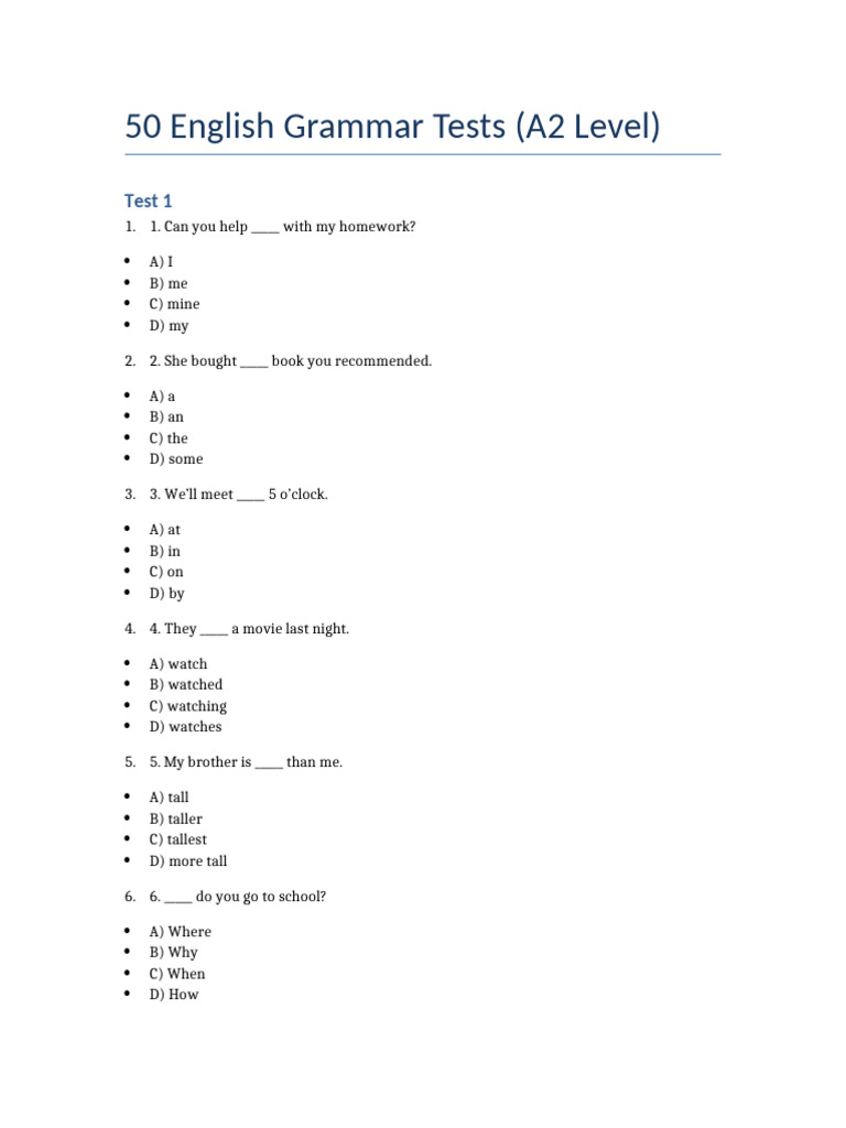 A2 English Grammar Tests | PDF | Chess Theory | Chess