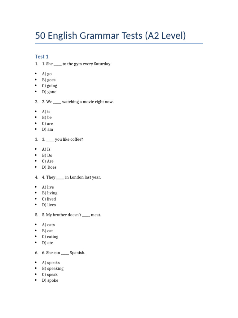 English Grammar Tests A2 | PDF | Dinner | Eating Behaviors Of Humans