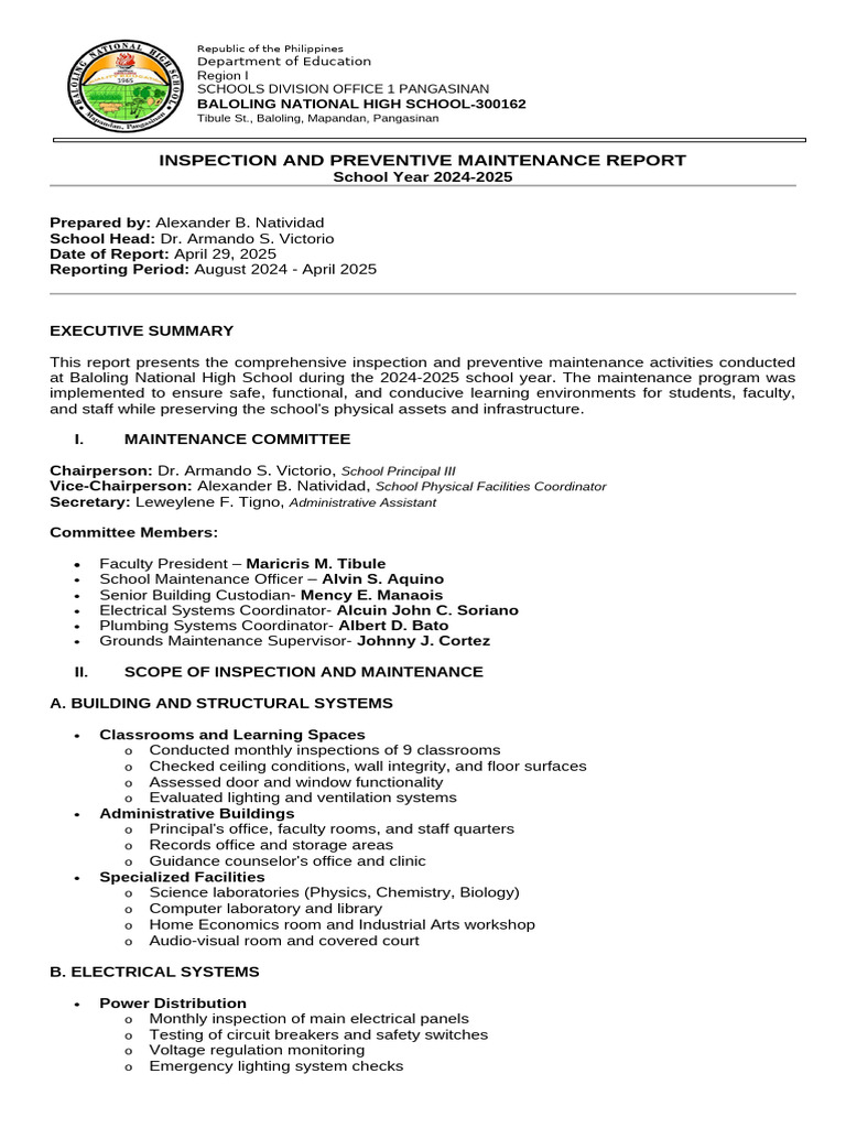 Inspection and Preventive Maintenance Report Sy 2024 2025 | PDF ...