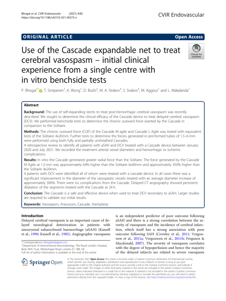 Use of The Cascade Expandable Net To Treat Cerebral Vasospasm - Initial Clinical Experience From ...