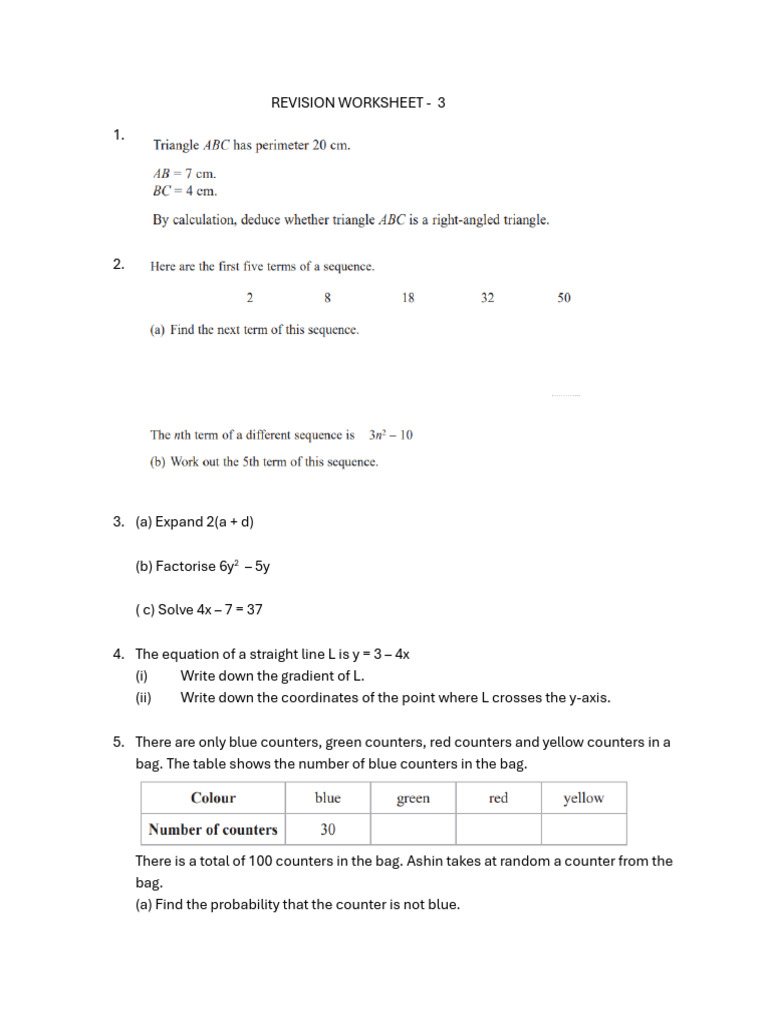 Revision Worksheet-3 Y9 | PDF