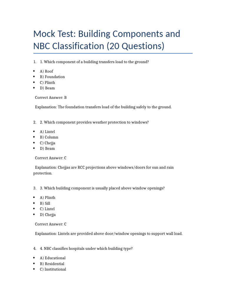 Building Components MCQ Test | PDF | Foundation (Engineering) | Roof