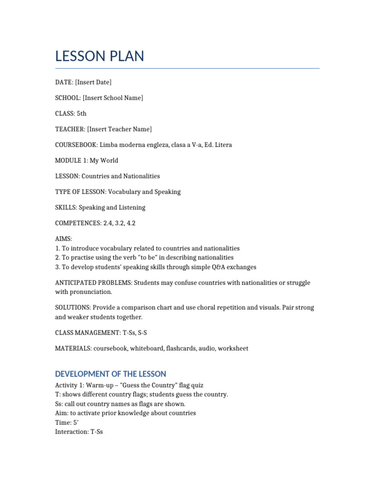 COMPLETE Lesson Plan Countries Nationalities Grade5 | PDF | Human ...