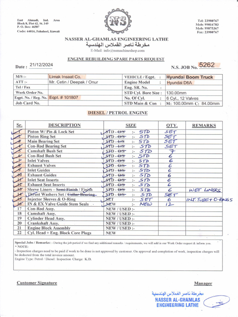 (SPARE PARTS LIST) N.S. # 5262 - Hyundai D6A, 6 Cyl. Engine Block + Cyl ...