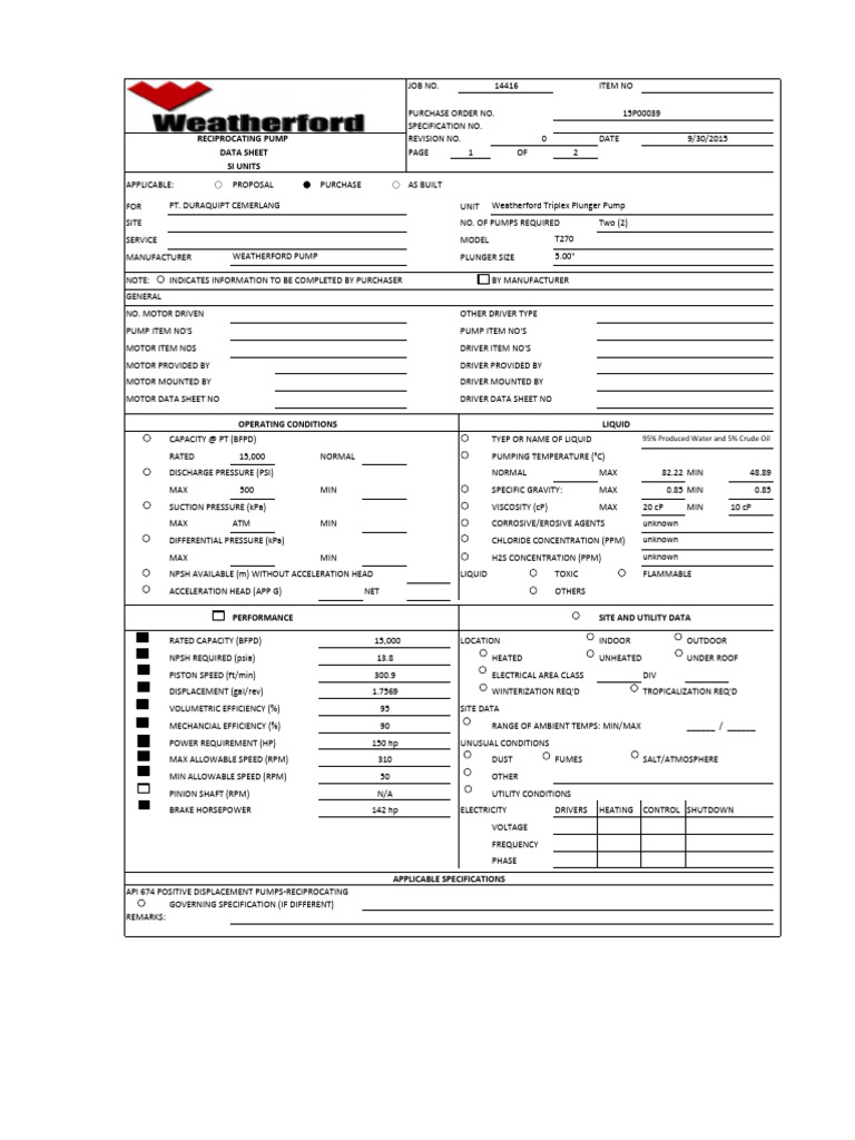 Pump - Weatherford - Model t270 Data Sheet | PDF | Pump | Horsepower