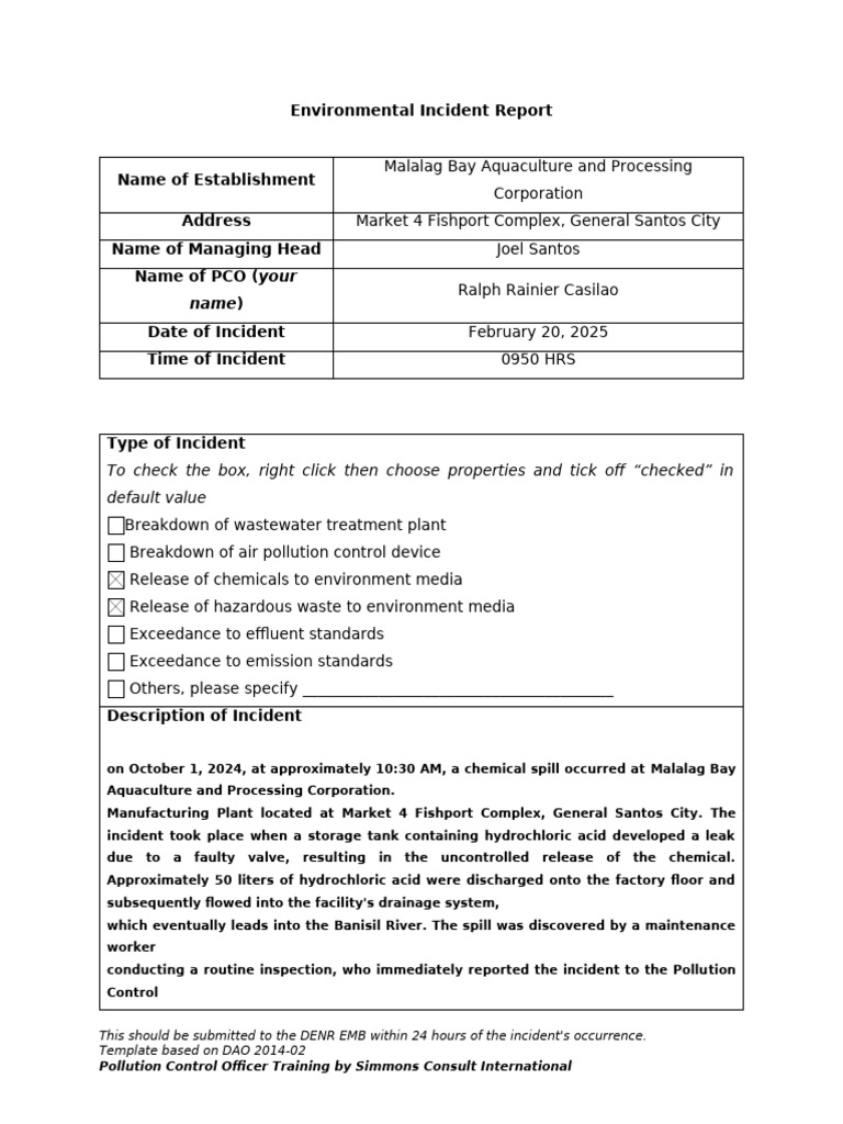 Environmental Incident Report Template | PDF | Effluent | Pollution