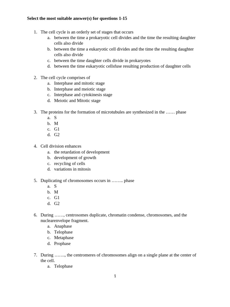Cell Cycle and Genetics Quiz Questions | PDF | Mitosis | Dna