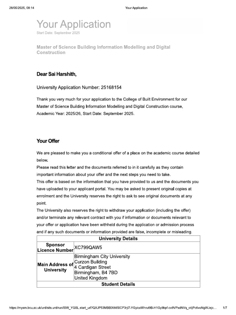 Brimingham Uni Conditional Offer Letter | PDF