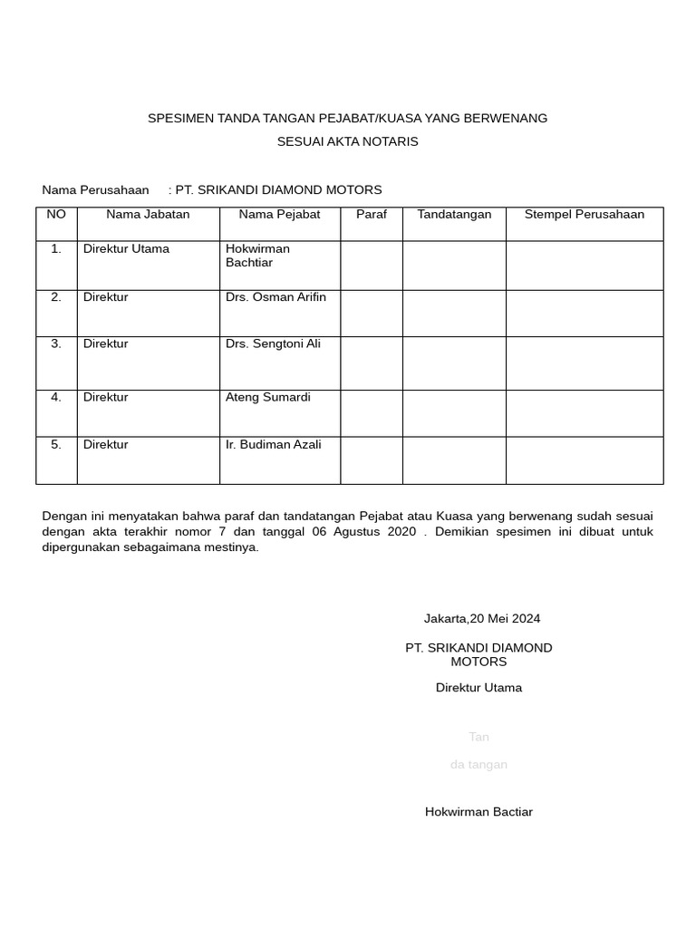 Format Spesimen Tanda Tangan Pejabat | PDF