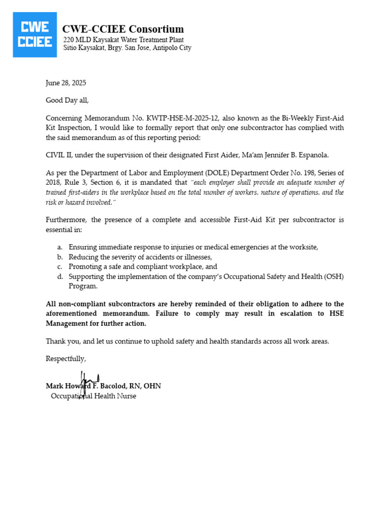 Compliance Report - Bi Weekly First Aid Kit Inspection (Memo No. KWTP ...