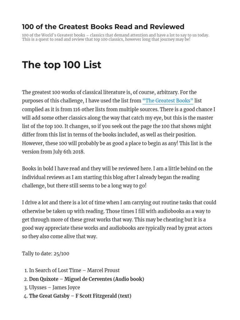 The Top 100 List - 100 of The Greatest Books Read and Reviewed | PDF ...