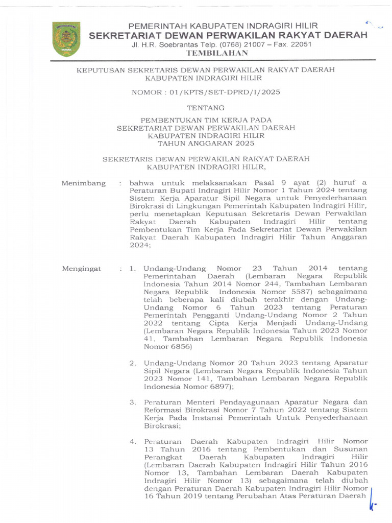 SK Tim Kerja Setwan 2025 Oke | PDF