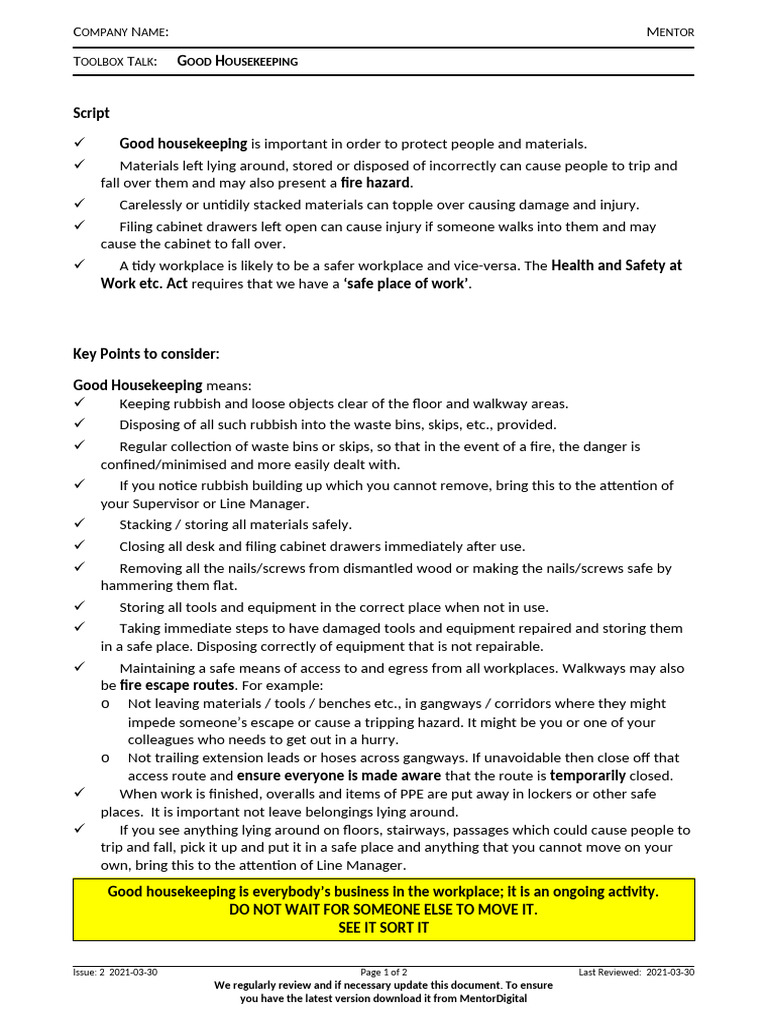Good Housekeeping Safety Guidelines | PDF | Housekeeping | Occupational ...