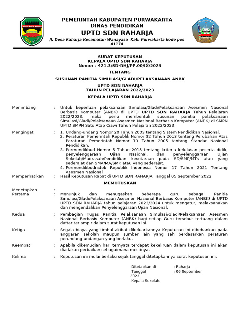 SK PANITIA ANBK Uptd SDN Raharja | PDF