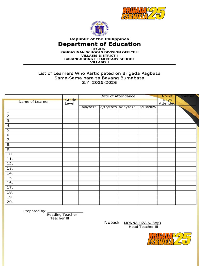 BE Reading Attendance | PDF