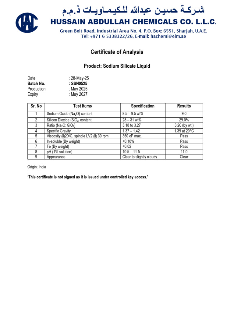Sodium Silicate 25 COA SSN0525 | PDF