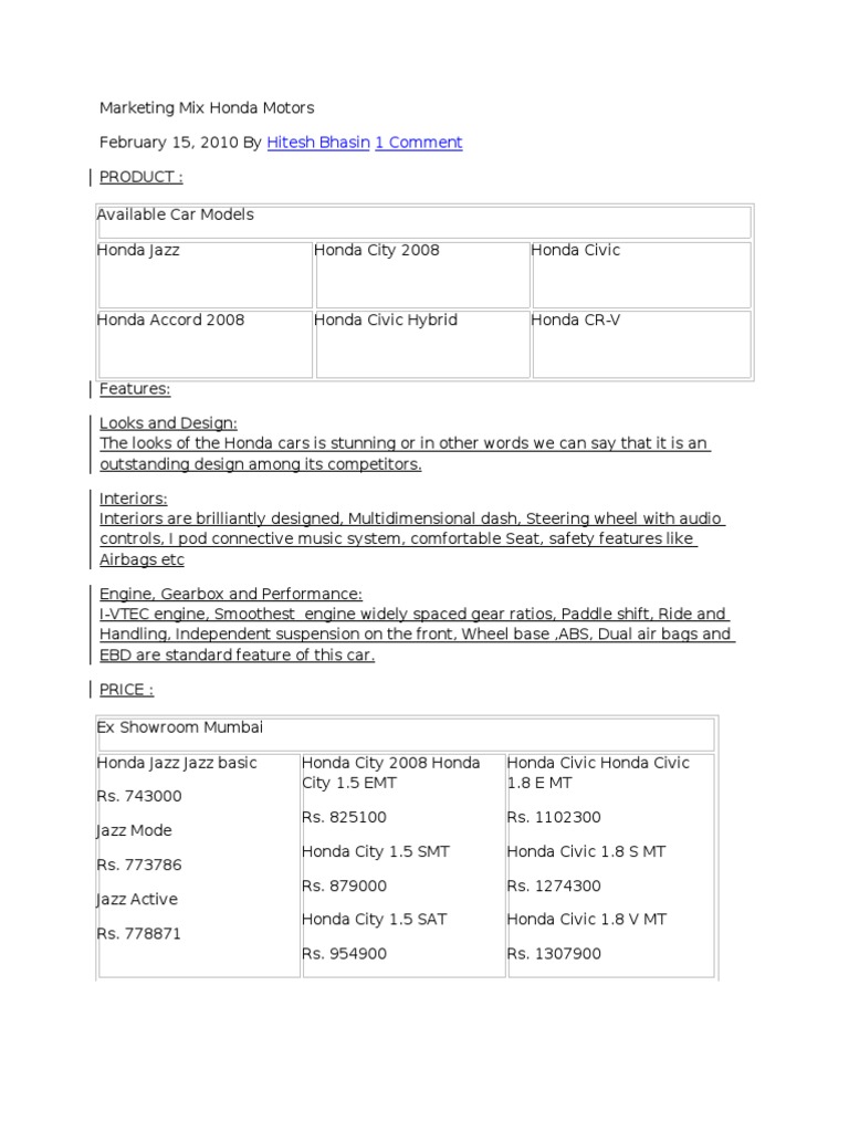 Marketing Mix Honda Motors | PDF | Honda | Brand