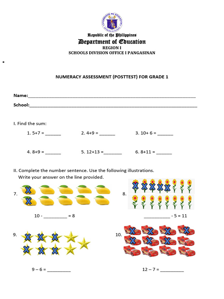 Grade 1 Numeracy Assessment Test | PDF