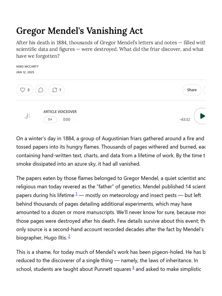 Gregor Mendel's Vanishing Act - by Niko McCarty | PDF | Heredity | Dominance (Genetics)