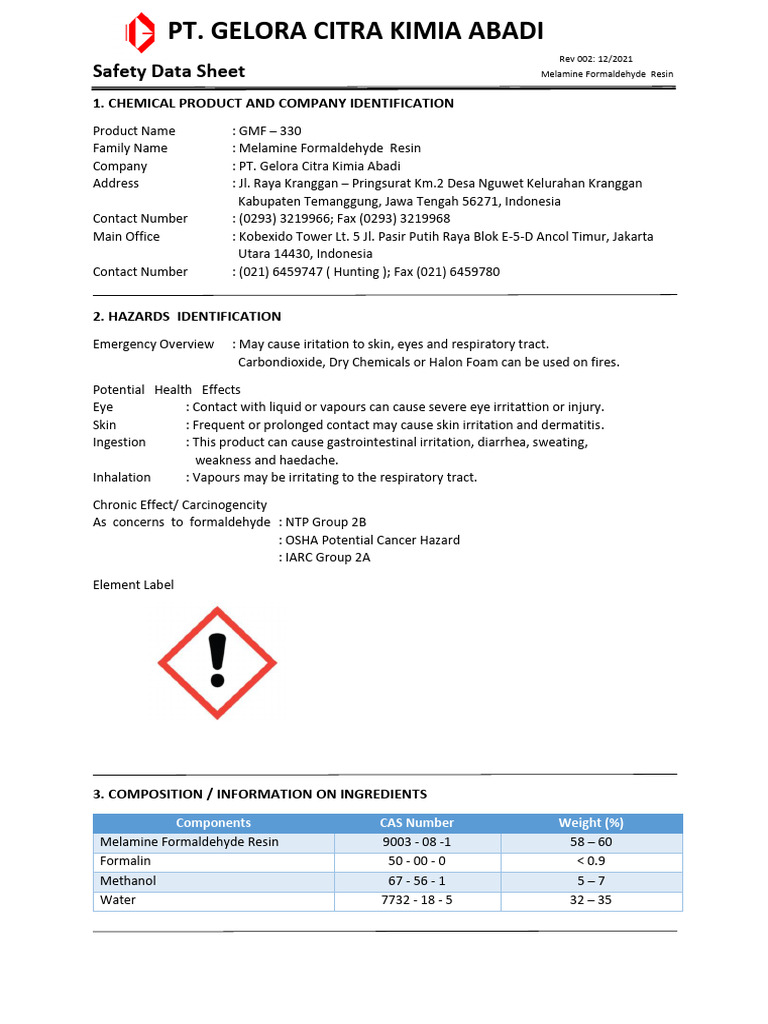 III. 3. 3. SDS GMF - 330 (Rev 2021) | PDF | Formaldehyde | Occupational ...