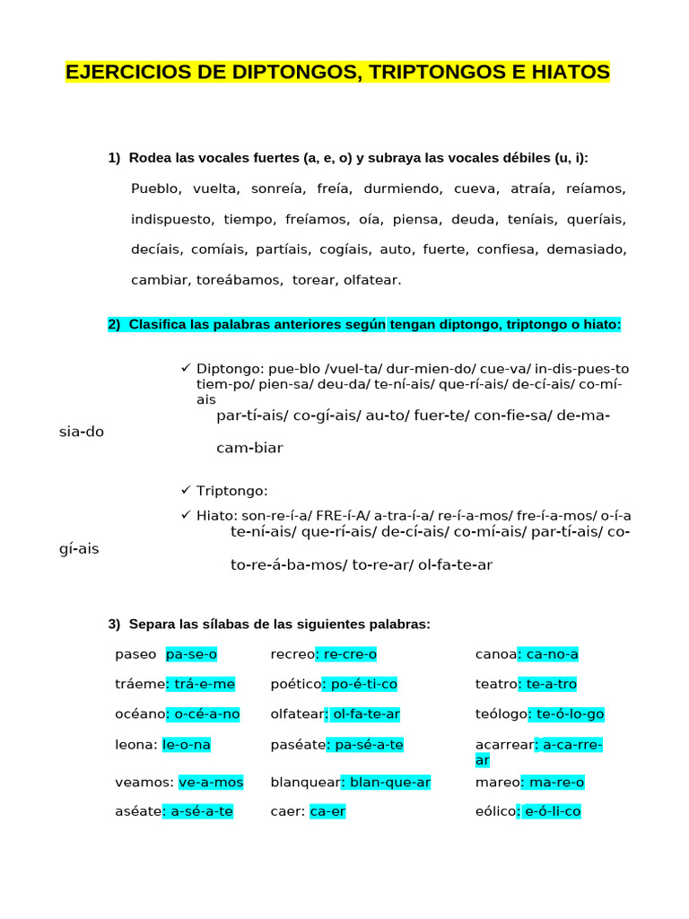 Ejercicios sobre Diptongos y Hiatos | PDF | Lingüística | Fonética