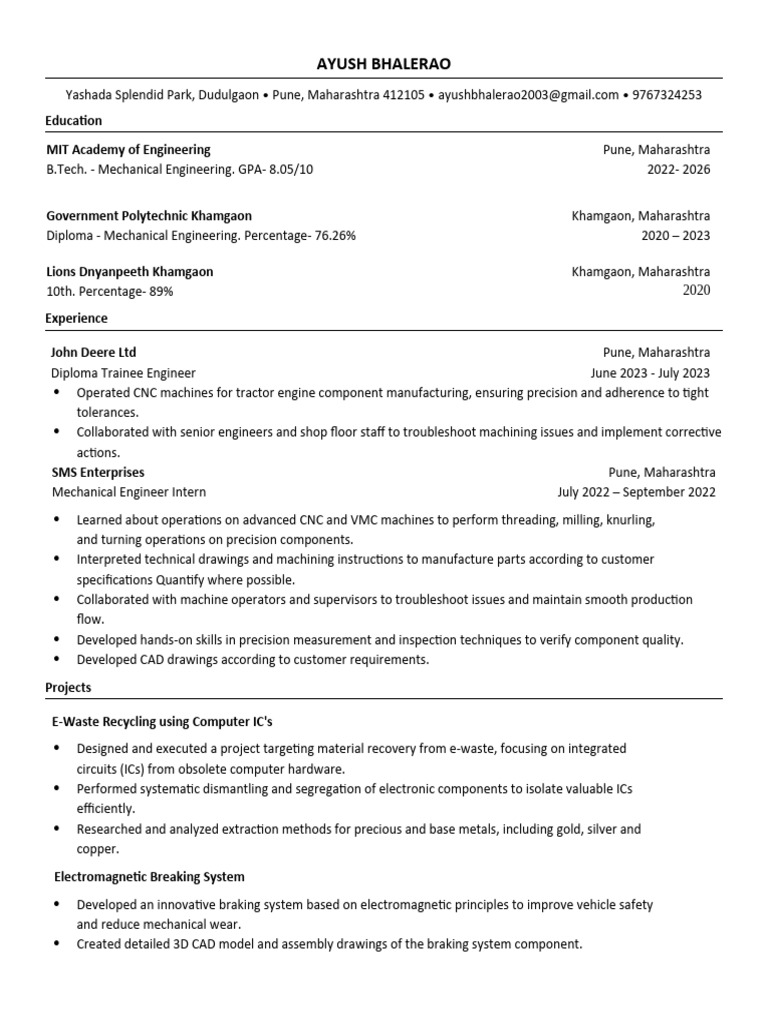 Accessible MCS Resume Template Bullet Points | PDF | Mechanical Engineering | Engineering