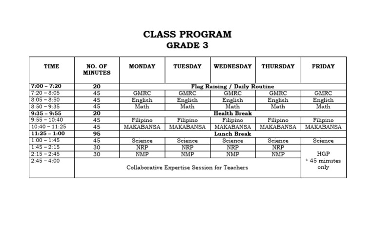 04 - 1 Class Program Grade 3 2025 2026 | PDF