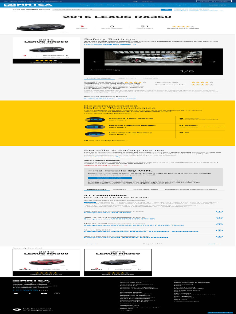 2016 Lexus Rx350 Suv Awd Nhtsa | PDF | National Highway Traffic Safety ...