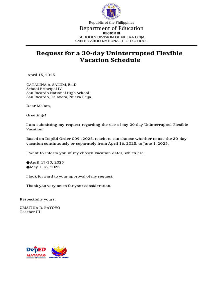 Letter Request Uninterrupted Vacation | PDF