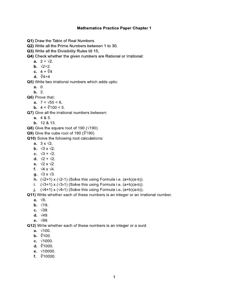 Mathematics Practice Paper Chapter 1 | PDF