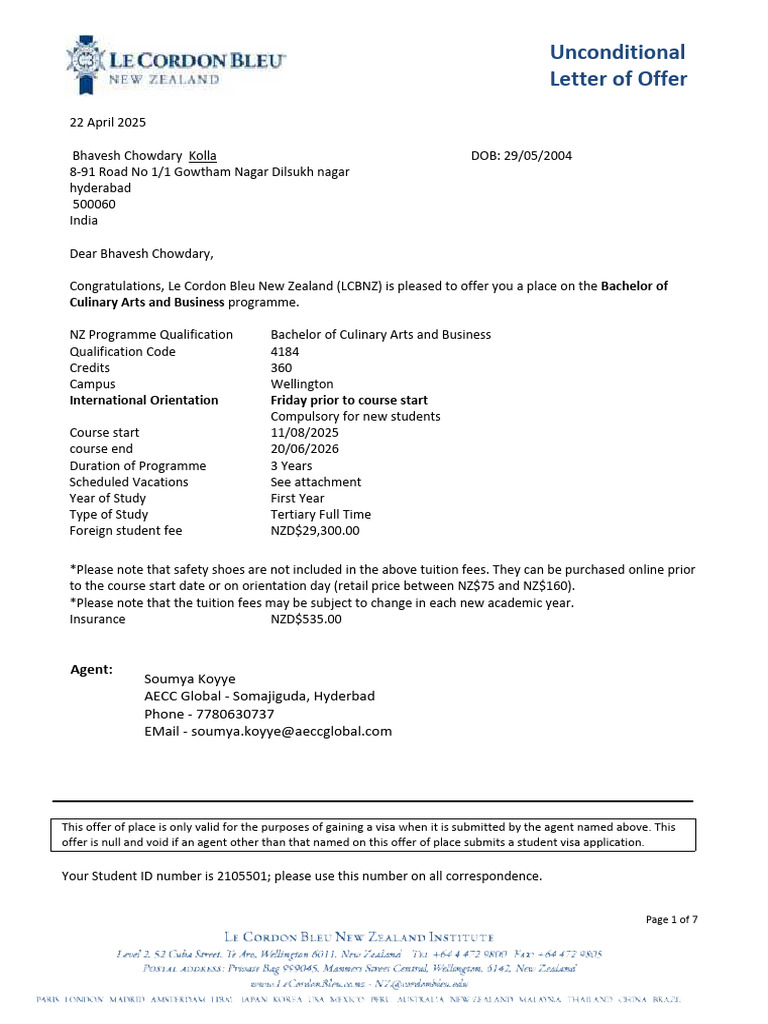 Unconditional Offer for Culinary Arts Program | PDF | Payments | Travel ...
