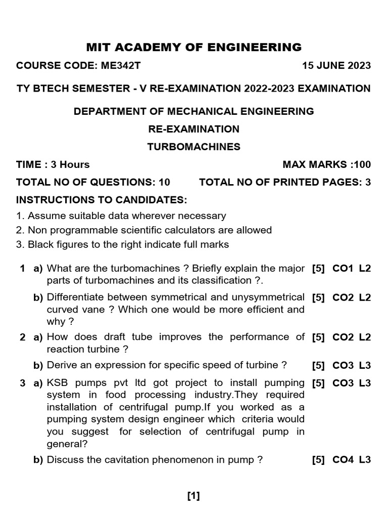 TY-Btech - ME - Turbomachines - SEM-V - JUN 2023 | PDF | Pump | Turbomachinery