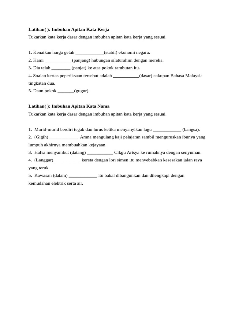 Latihan Imbuhan Apitan (Kerja Dan Nama) | PDF
