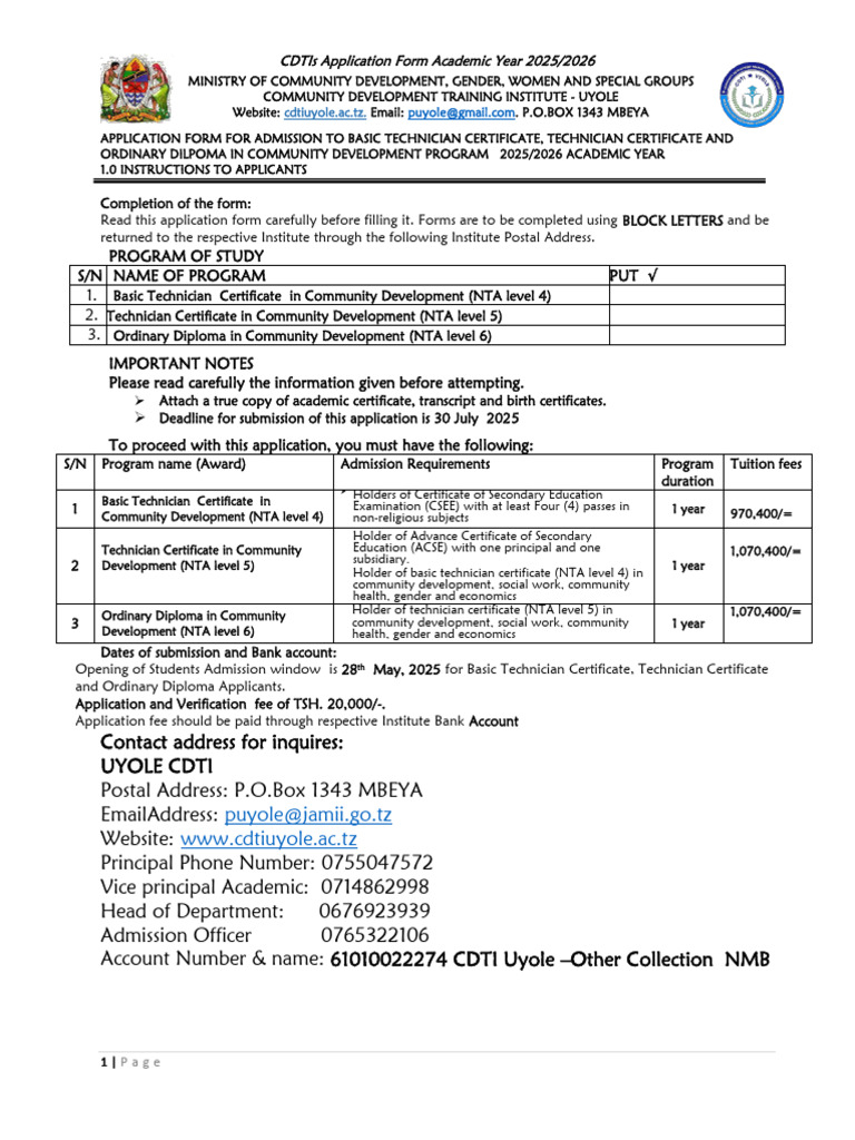 A10f97da6afilename-Cdti Application Form Uyole | PDF | Educational ...